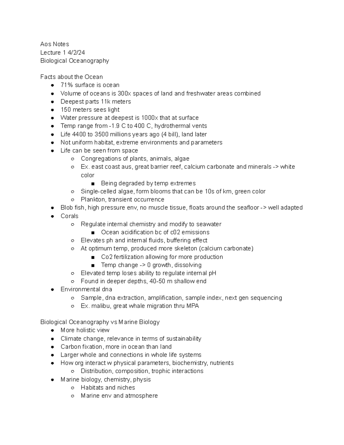 Aos Notes lecture 1 - Aos Notes Lecture 1 4/2/ Biological Oceanography ...