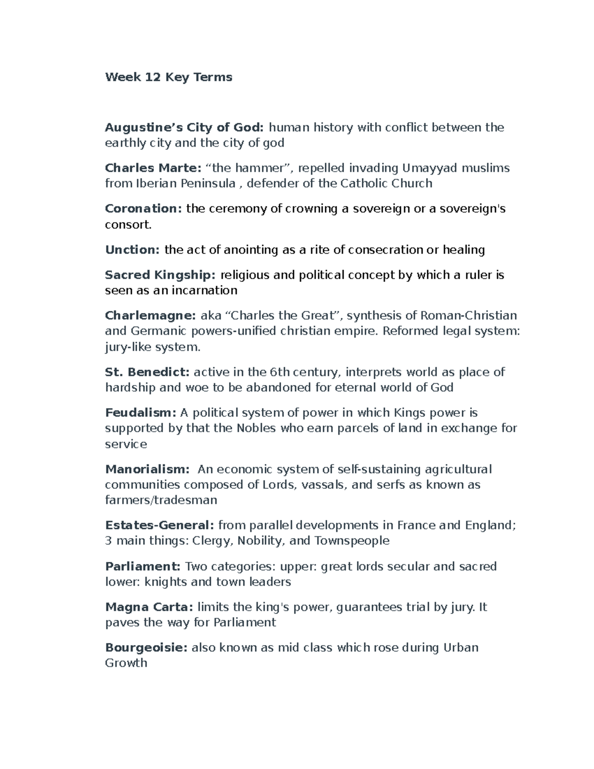 CIV201 Week 12 Key Terms - Week 12 Key Terms Augustine’s City of God ...