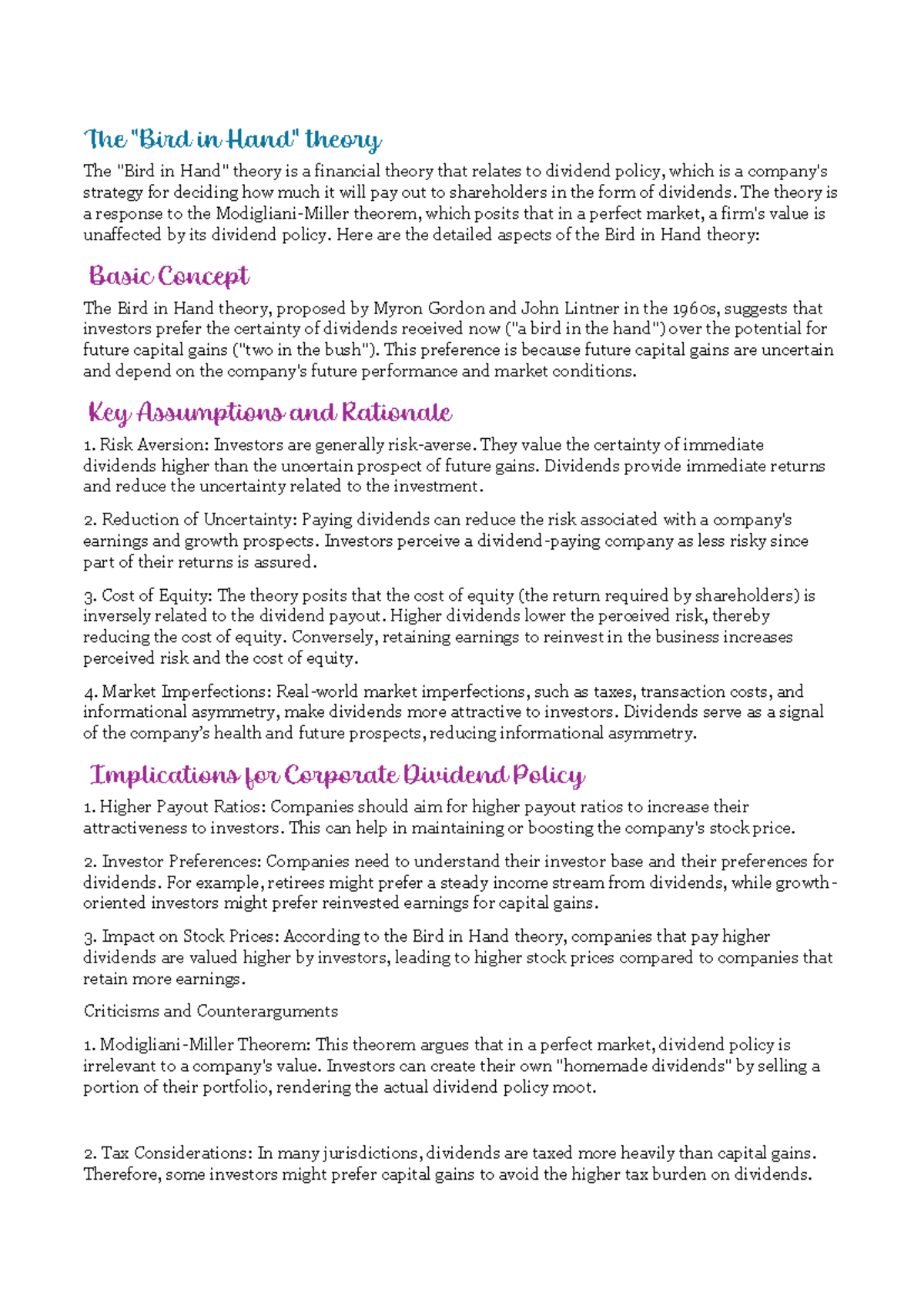 Dividend Decision - The "Bird in Hand" theory is a financial theory ...