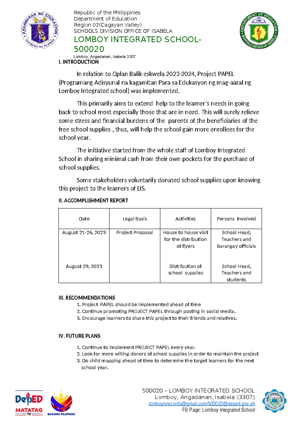 Narrative report project papel - ####### Department of Education ...