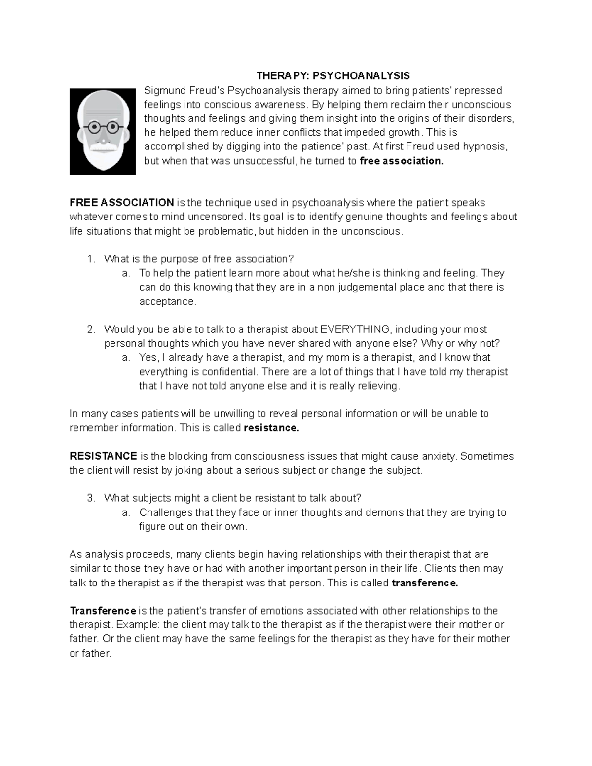 Therapy Psychoanalysis worksheet Psychology 1020 - THERAPY ...