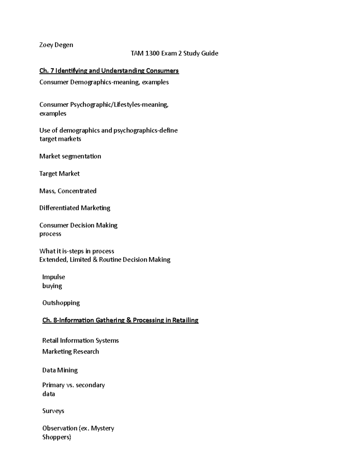 1300 Exam 2 Study Guide - Zoey Degen TAM 1300 Exam 2 Study Guide Ch. 7 ...