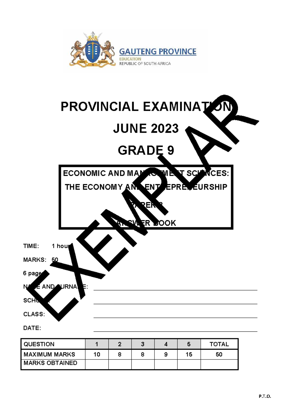 Gr 9 ECO P2 Afrikaans June 2023 Answerbook 1 - PROVINCIAL EXAMINATION ...
