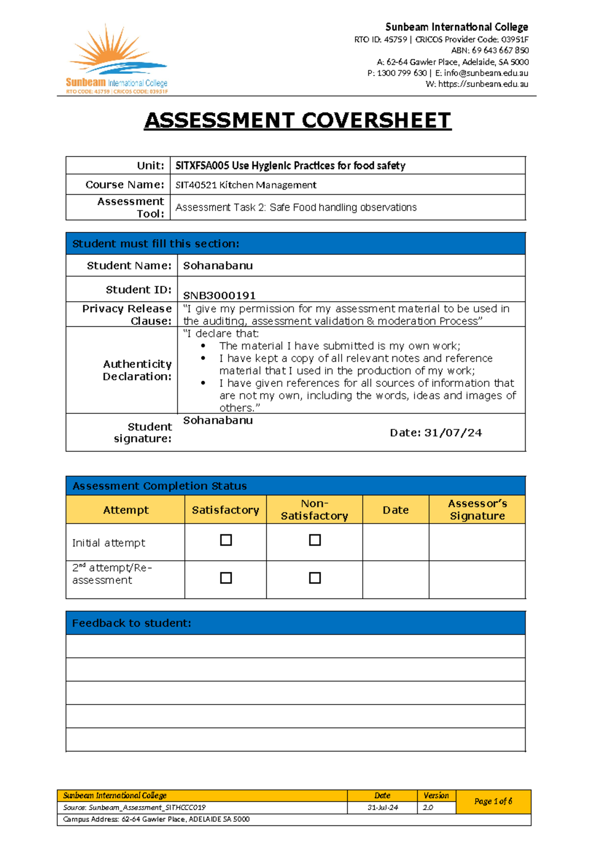 Assessment TASK 2 -05-hygenic practice - RTO ID: 45759 | CRICOS ...