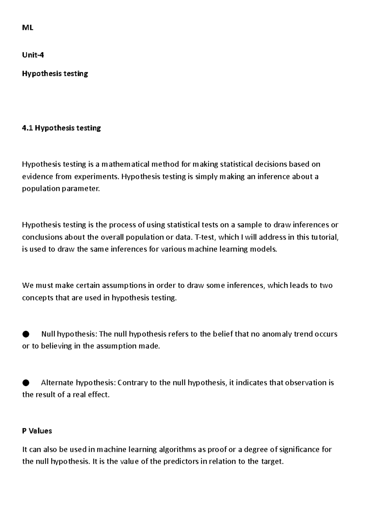 ML unit 4 - Module 4 Lecture 8 hrs. Hypothesis testing, Ensemble ...