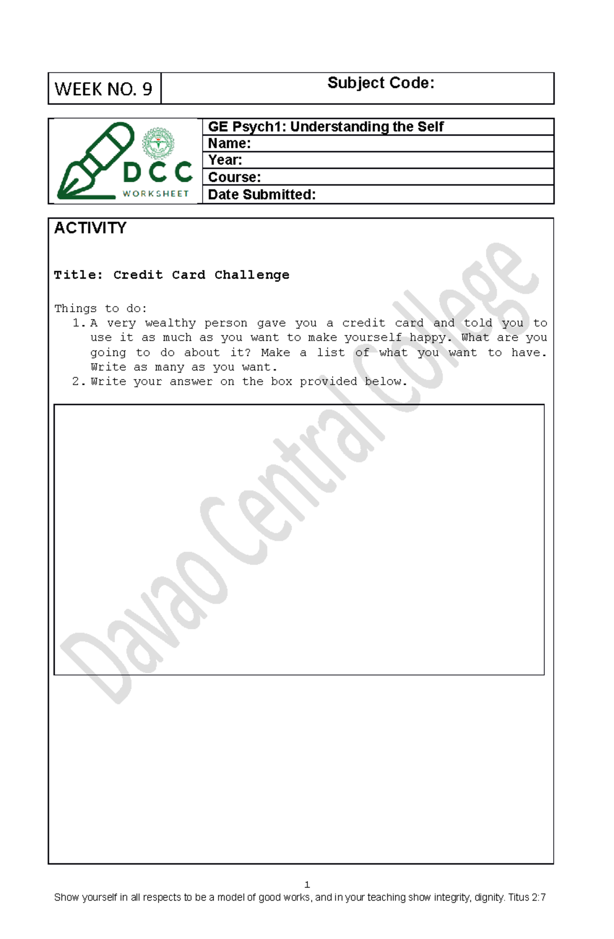 Week 9 Activity Sheet - none - WEEK NO. 9 Subject Code: GE Psych1: Understanding the Self Name ...