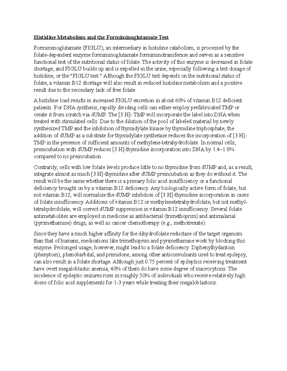 Histidine Metabolism and the Formiminoglutamate Test - Histidine ...