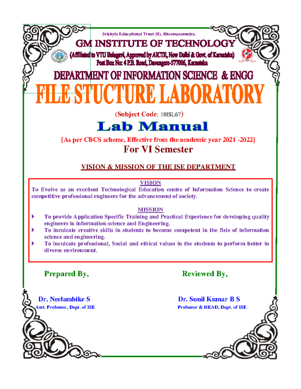 FS Lab Manual merged - file structure - Srishyla Educational Trust (R), Bheemasamudra. (Subject ...
