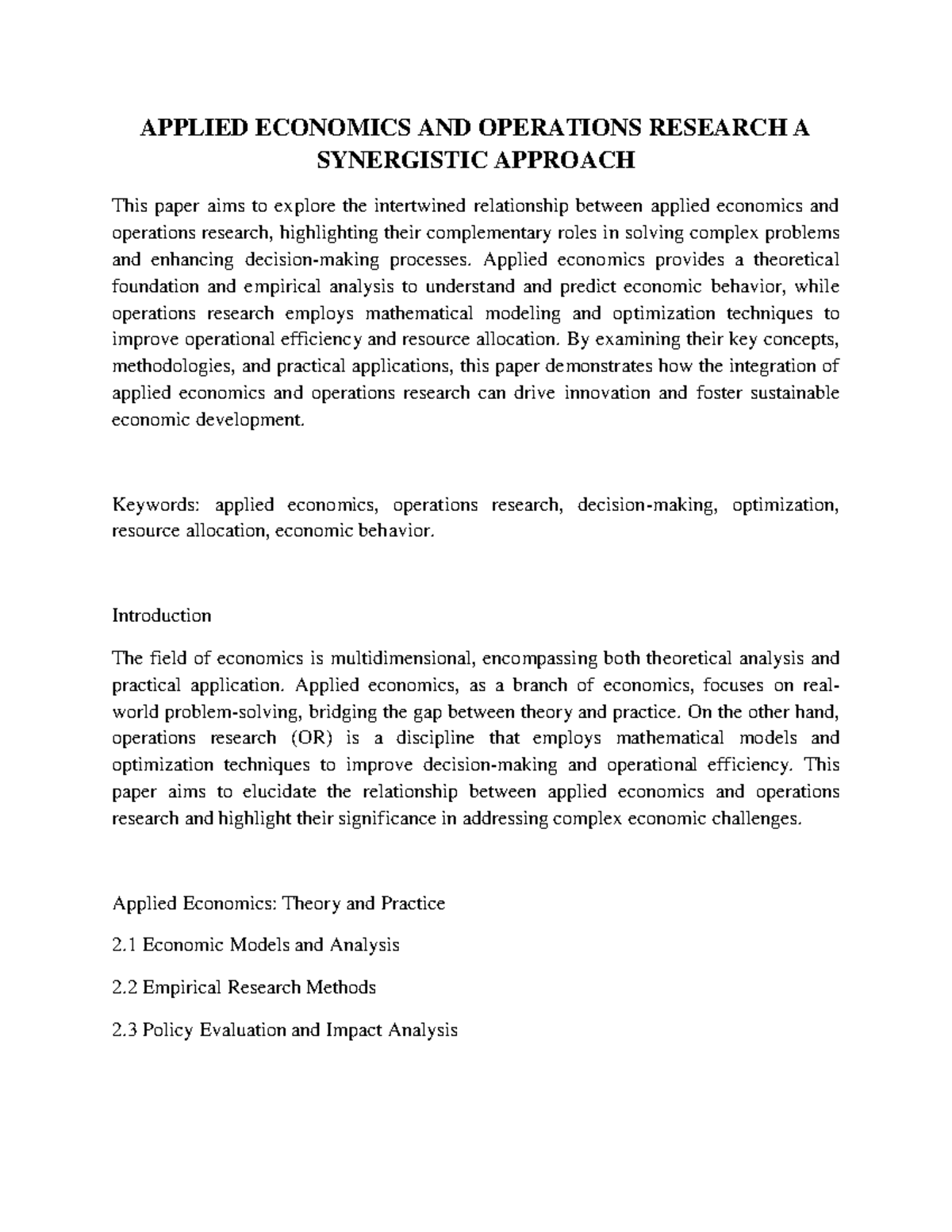 Applied Economics AND Operations Research A Synergistic Approach ...