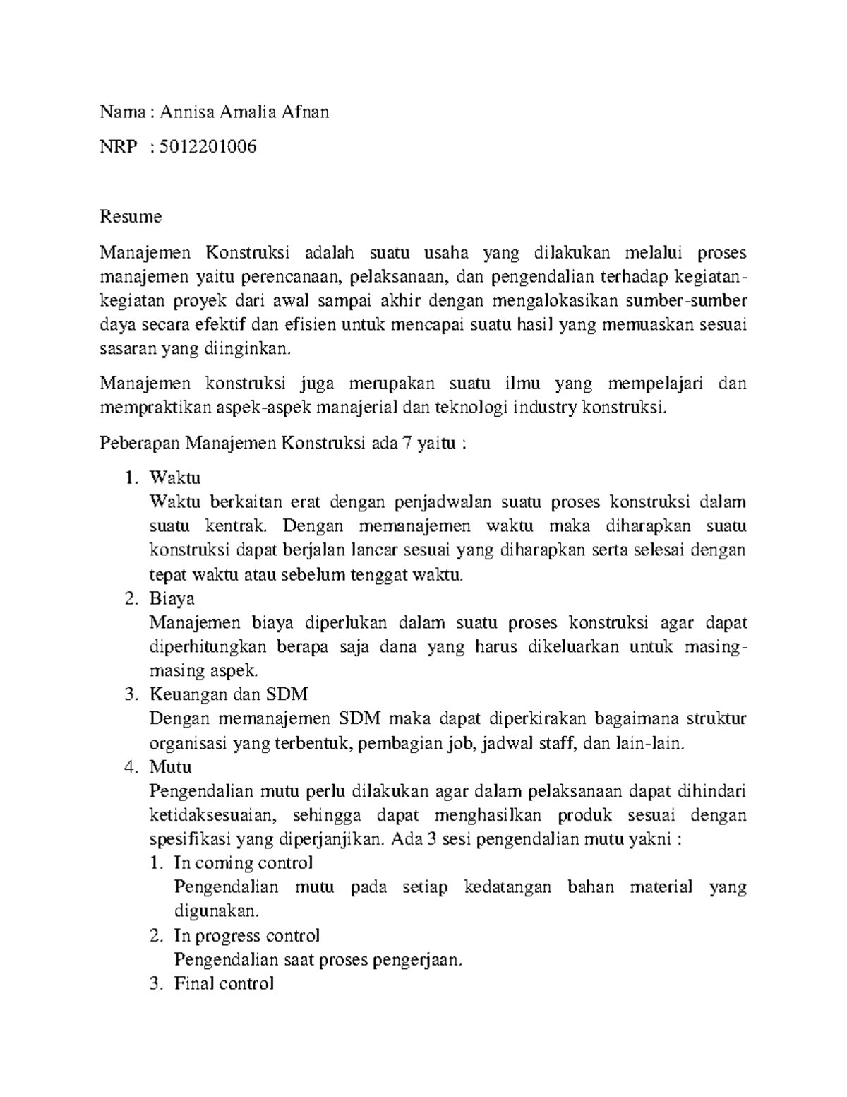 Annisa Amalia Afnan Resume Kuliah Lapangan - Nama : Annisa Amalia Afnan NRP : 5012201006 Resume ...