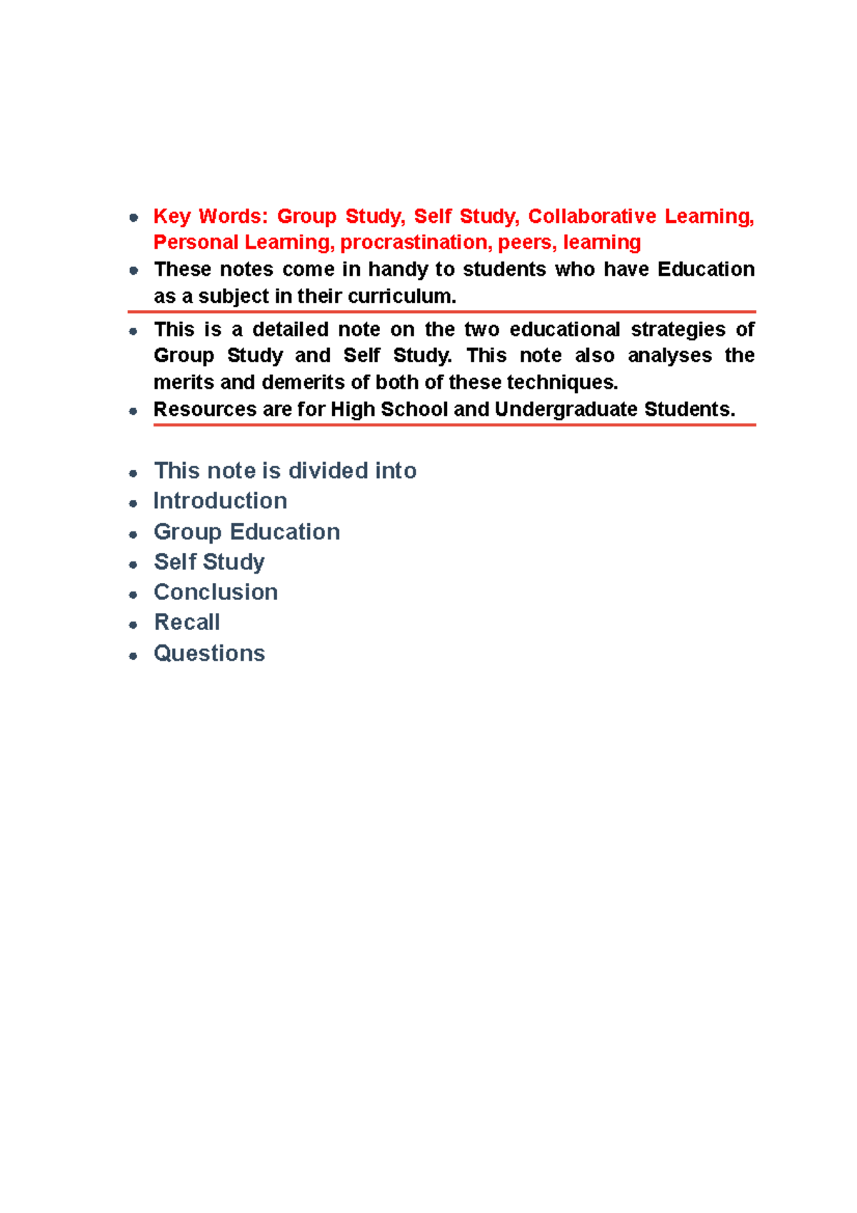 Education group study vs self study - Key Words: Group Study, Self ...