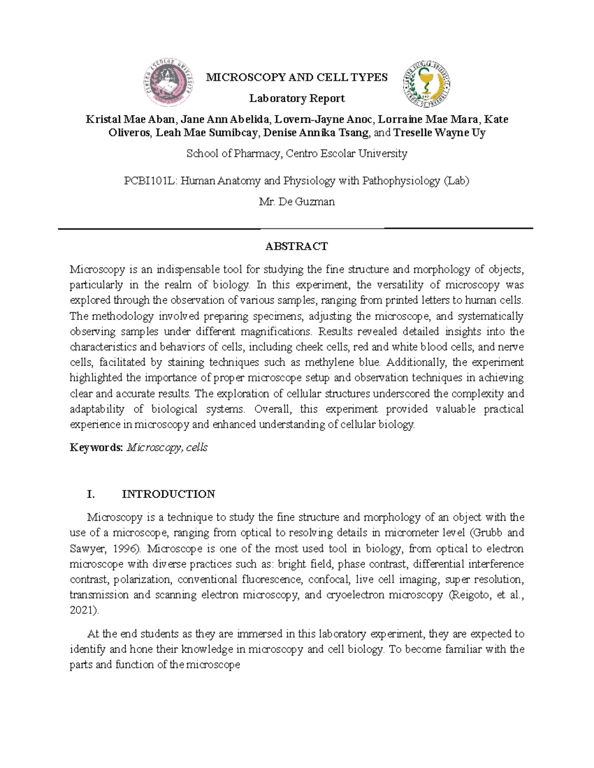 Microscopy AND CELL Types 3 - MICROSCOPY AND CELL TYPES Laboratory ...