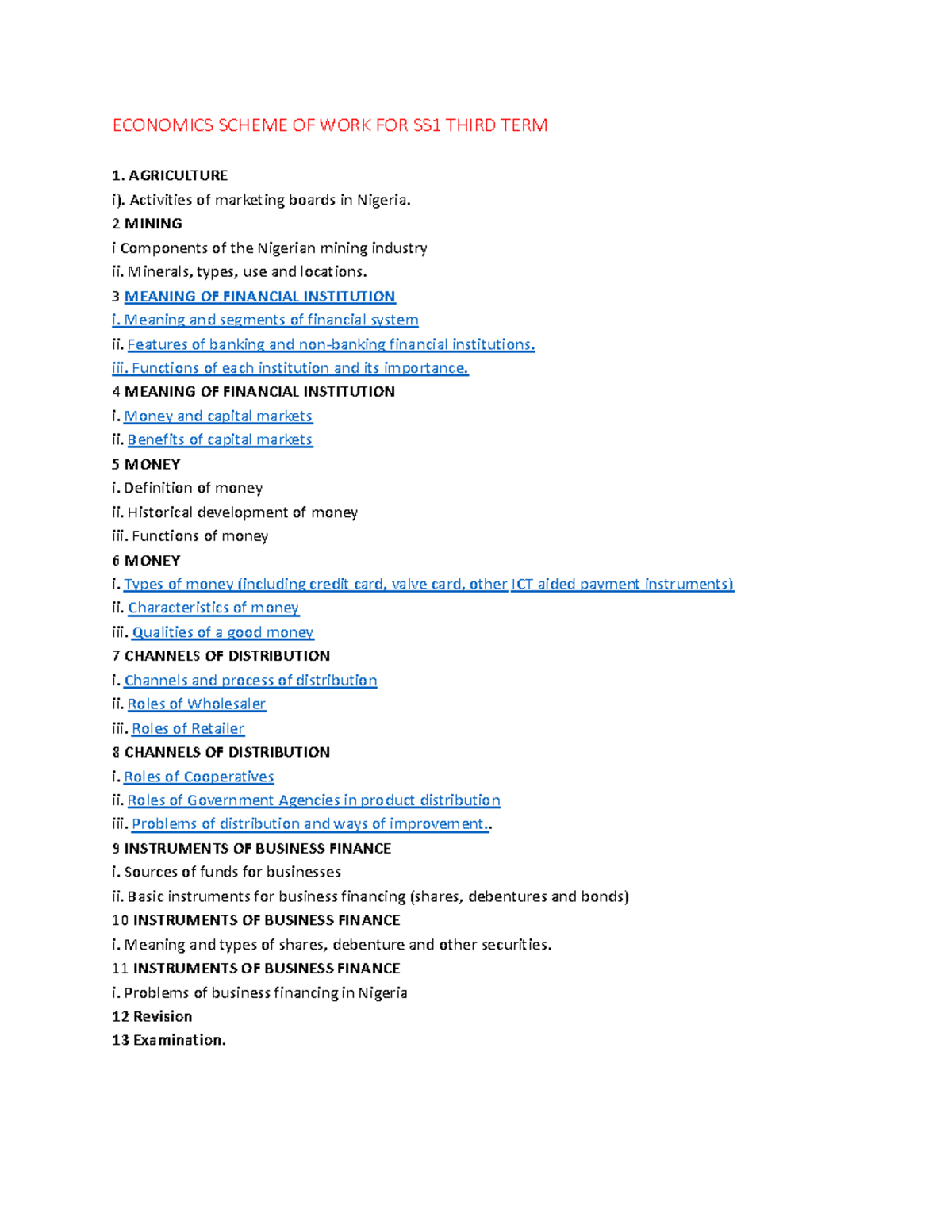 Economics Scheme OF WORK - ECONOMICS SCHEME OF WORK FOR SS1 THIRD TERM ...
