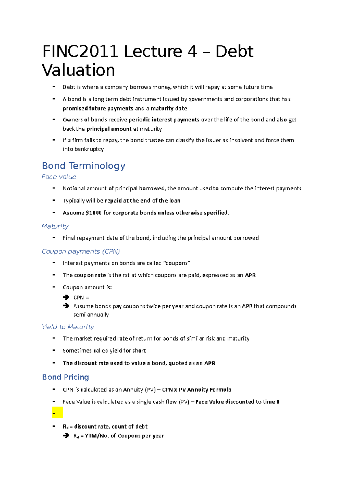 FINC2011 Lecture 4 - Debt Valuation - Bonds - FINC2011 Lecture 4 – Debt Valuation - Debt is ...