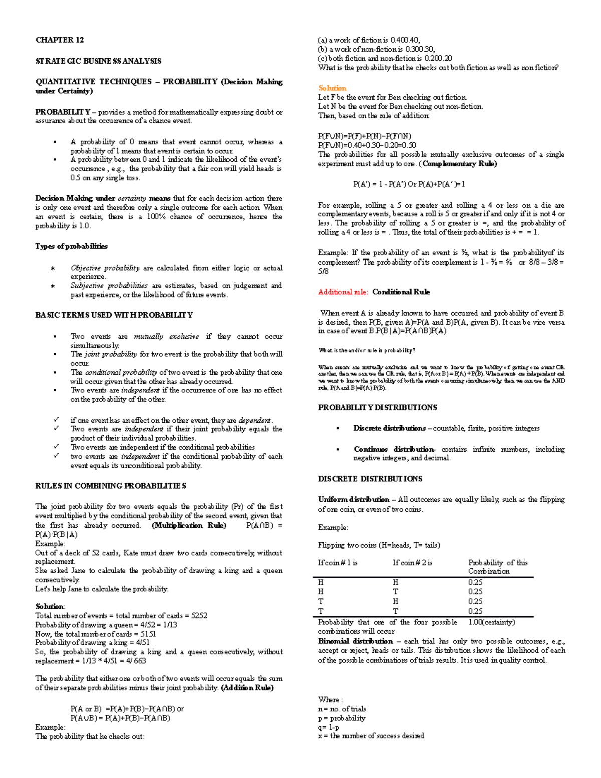 Probability under Certainty - CHAPTER 12 STRATEGIC BUSINESS ANALYSIS QUANTITATIVE TECHNIQUES ...