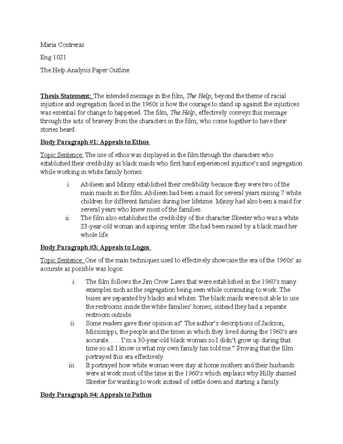 Help Outline Draft Contreras Maria - Maria Contreras Eng 1021 The Help ...