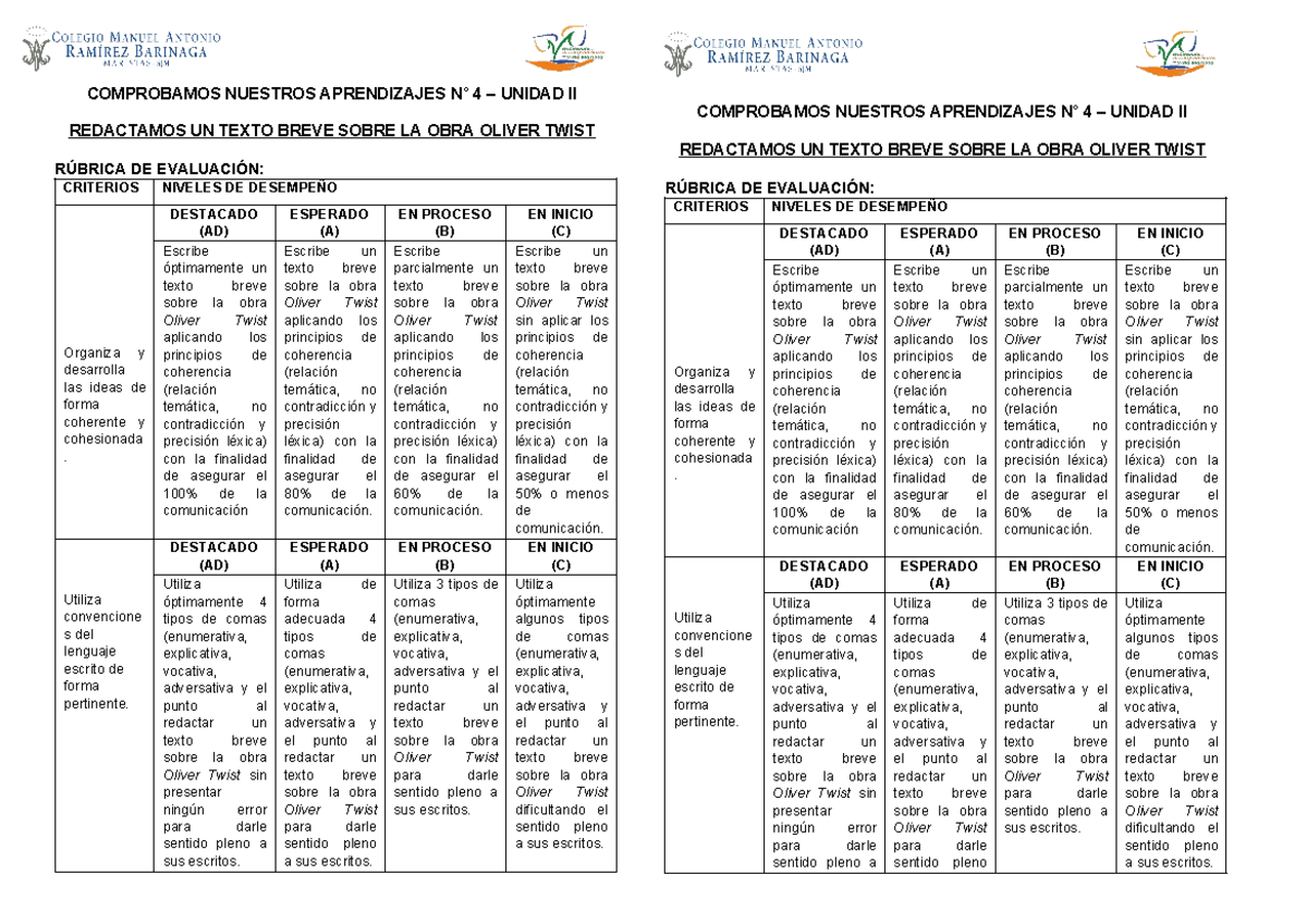 Rúbrica DE Evaluación - COMPROBAMOS NUESTROS APRENDIZAJES N° 4 – UNIDAD II REDACTAMOS UN TEXTO ...