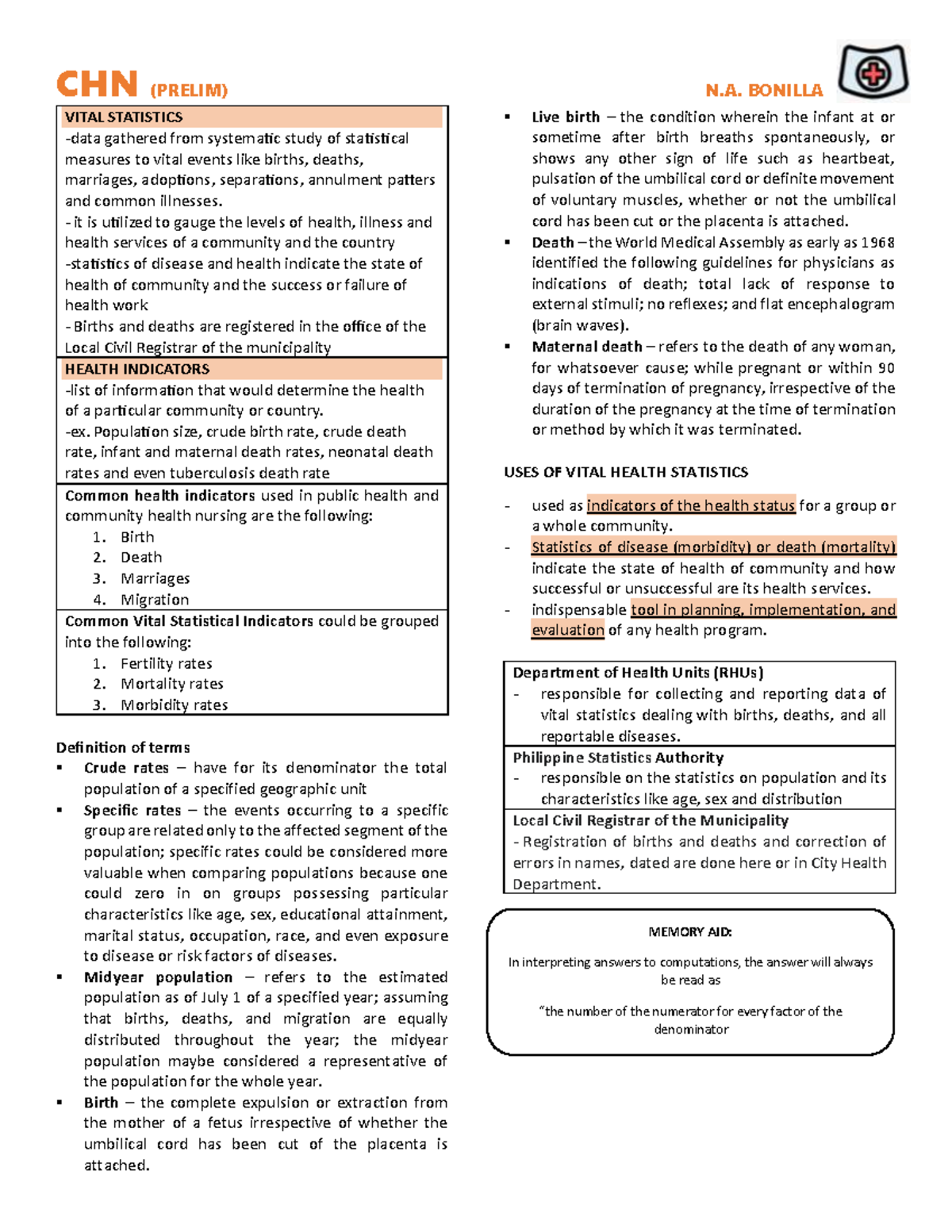 CHN-09 - Prelim - VITAL STATISTICS data gathered from systematic study of statistical measures ...