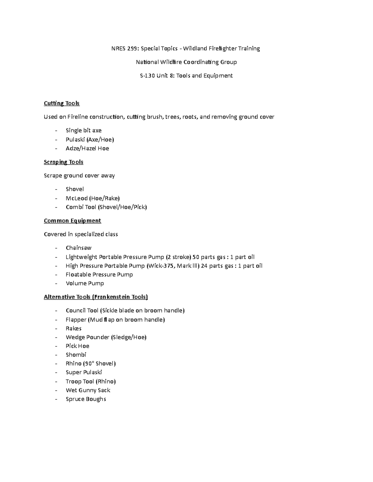 Wildland Firefighter Training S-130 Unit 8 - Tools and Equipment - NRES ...