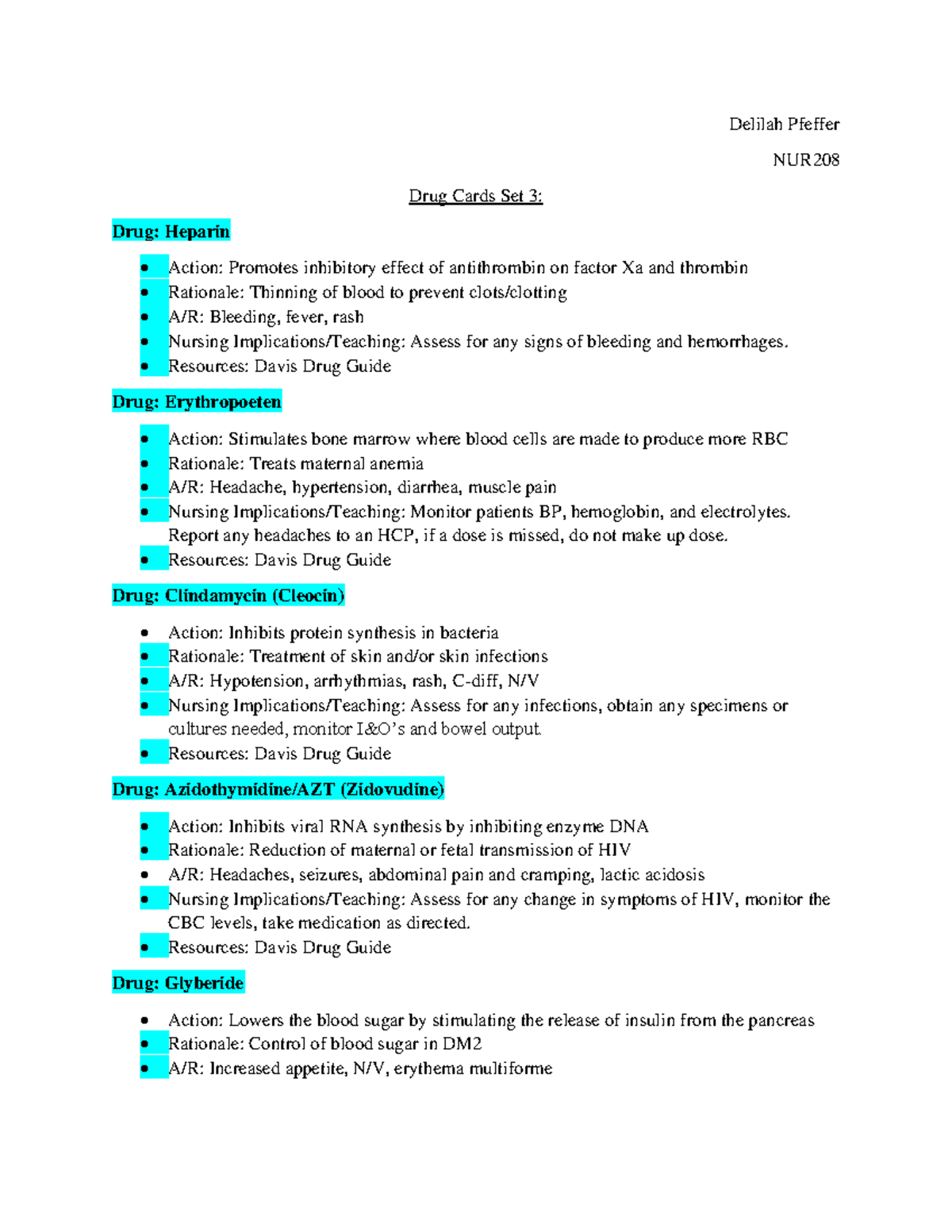 Drug Cards S3 208 - Delilah Pfeffer NUR Drug Cards Set 3: Drug: Heparin ...