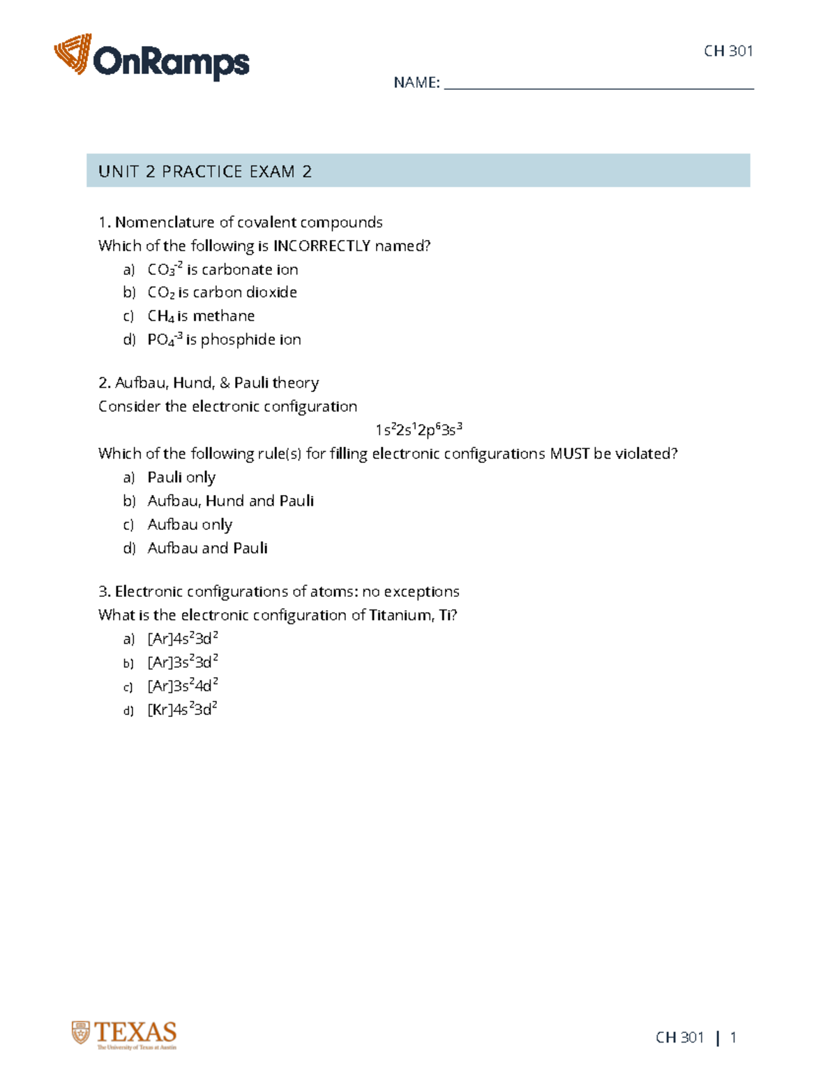 Unit 2 Practice Exam 2 - NAME ...