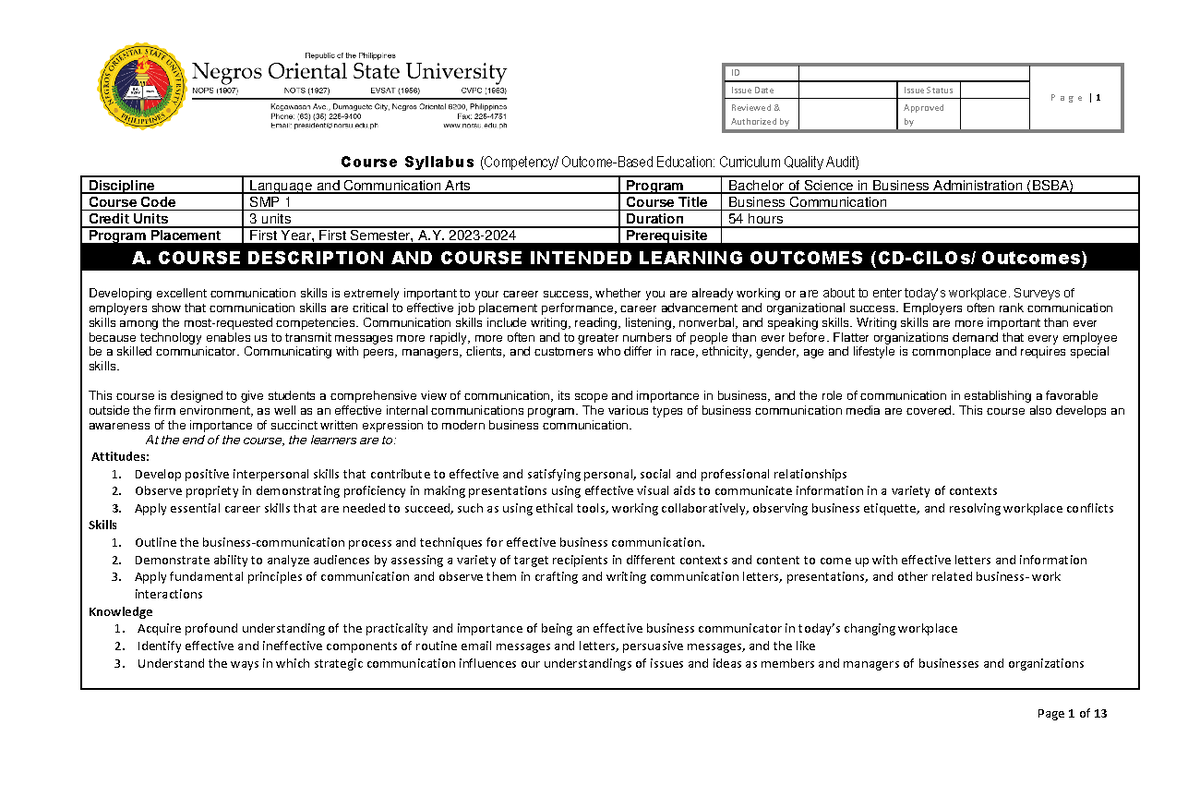 Completed Business Communication Course Syllabus 2023 - Issue Date ...