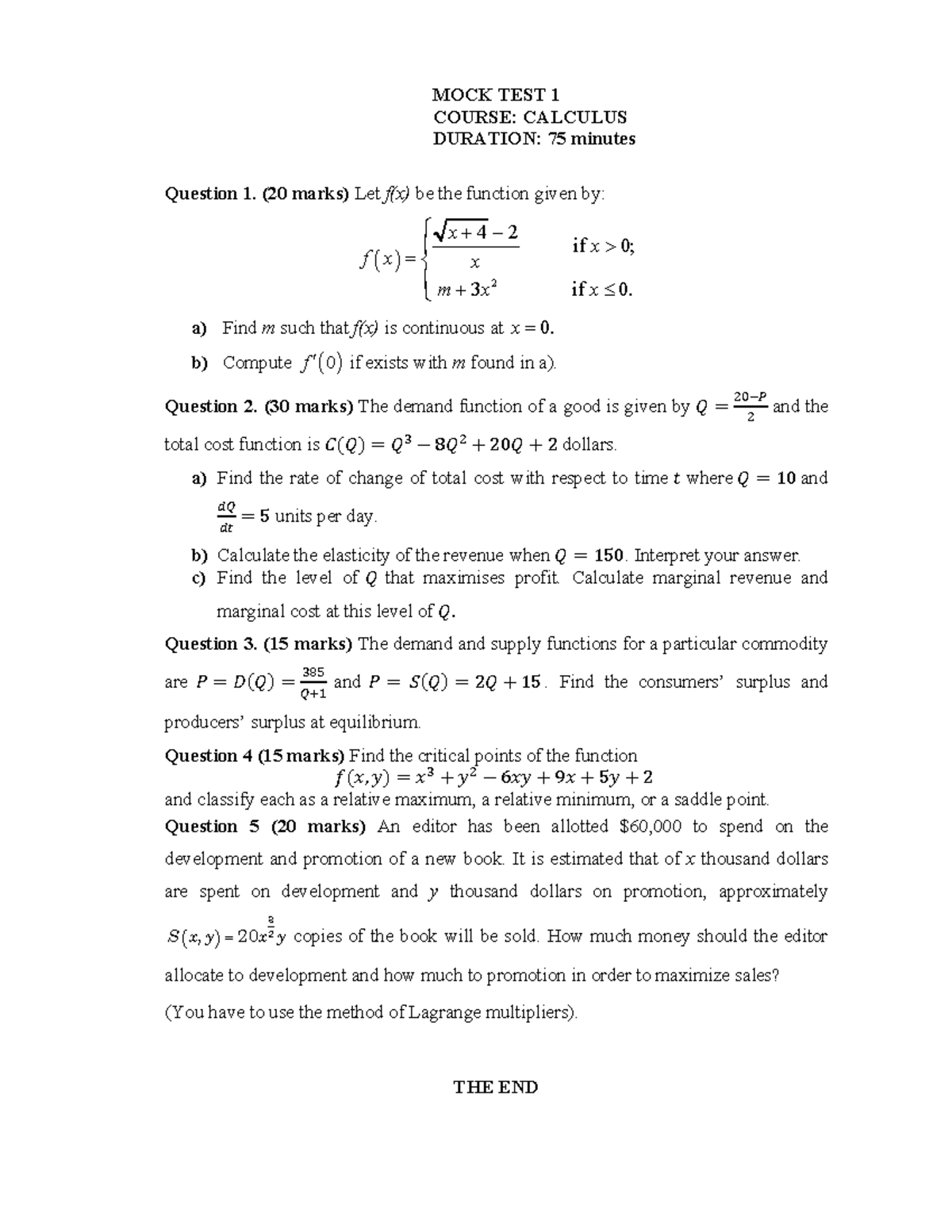 Calculus Mock-test-1 - test - MOCK TEST 1 COURSE: CALCULUS DURATION: 75 ...
