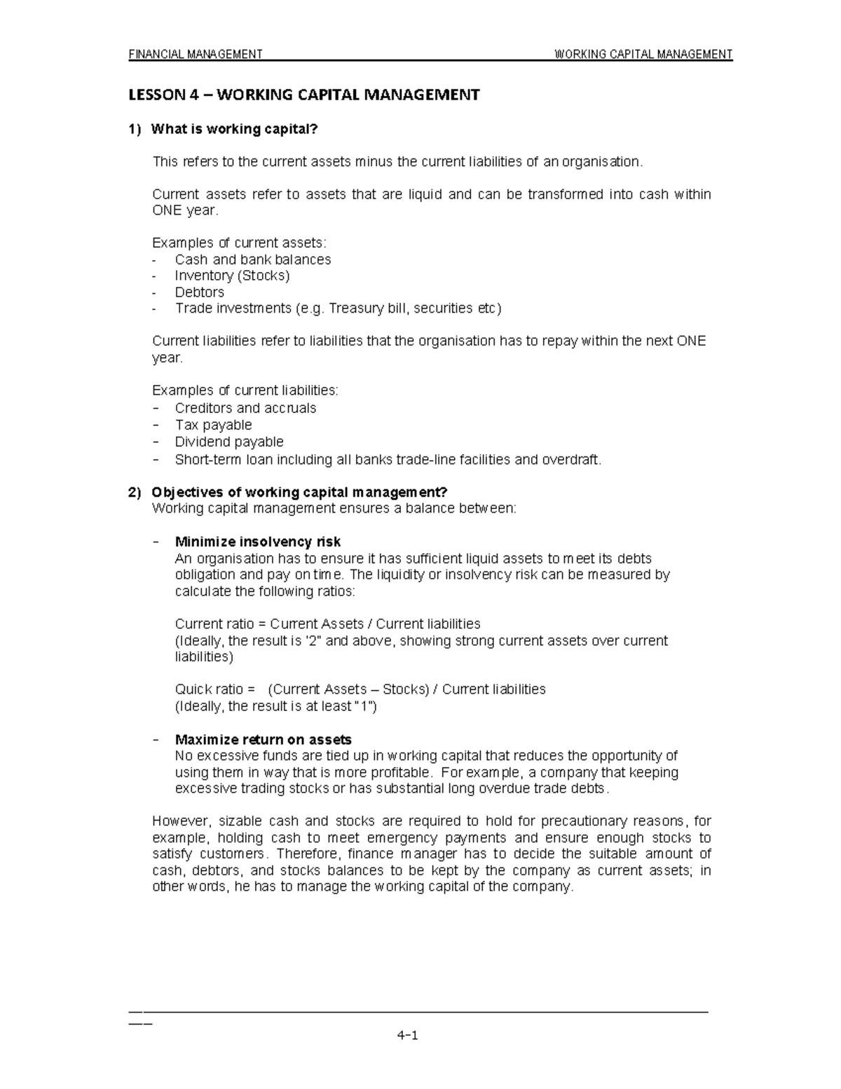 Lesson 4 (Study Guide)- Working Capital Management - FINANCIAL ...