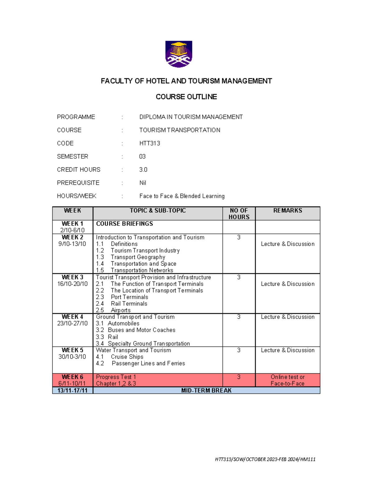 Course outline - hikbhkui - HTT313/SOW/OCTOBER 2023-FEB 2024/HM FACULTY ...