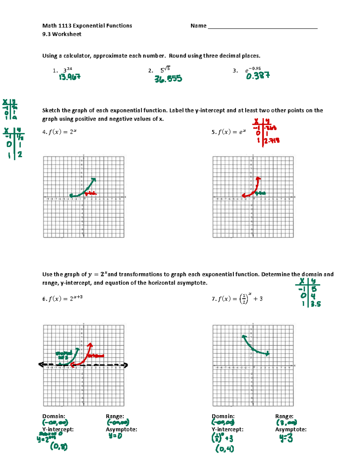 Algebra study materials - Math 1113 Exponential Functions Name
