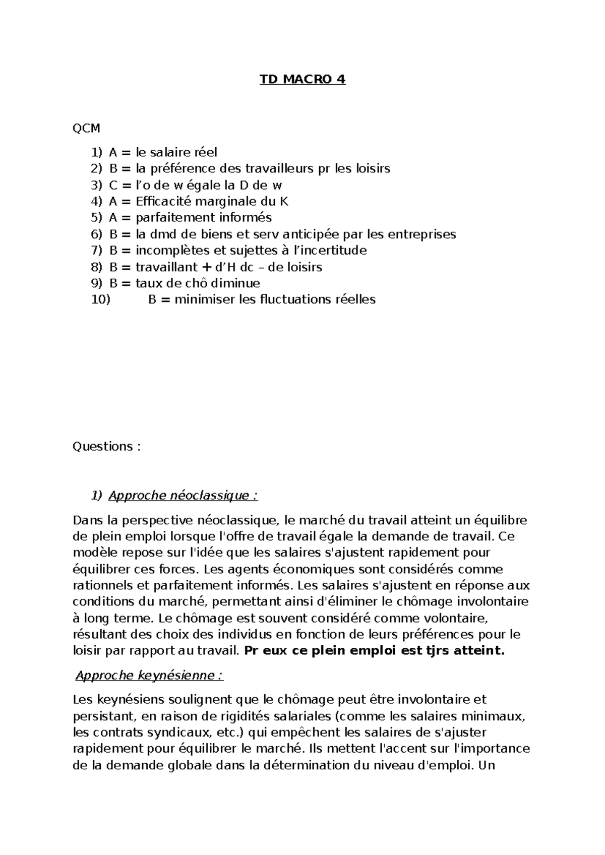 TD Macro 4 - TD MACRO 4 QCM A = le salaire réel B = la préférence des travailleurs pr les ...