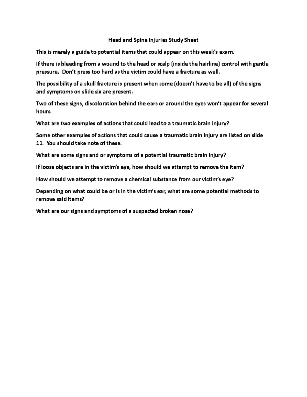 Head and Spine Supplemental Sheet - Head and Spine Injuries Study Sheet ...