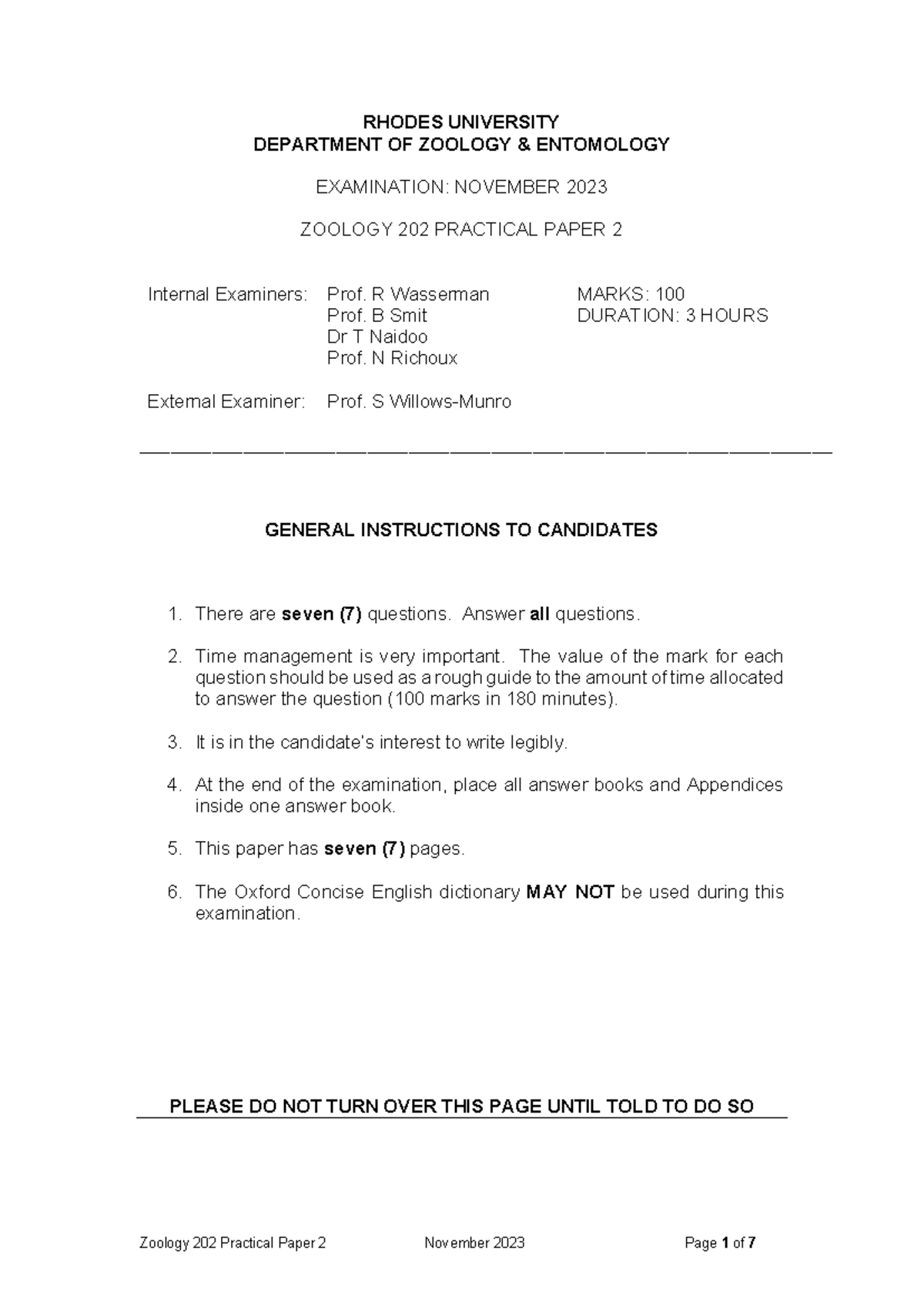 202311 ZOO 202 Practical P2 Nov 2023 - RHODES UNIVERSITY DEPARTMENT OF ...