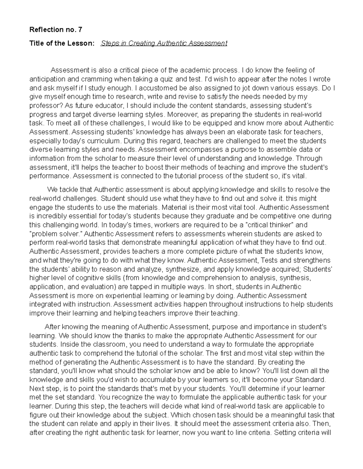 7.Steps in Creating Authentic Assessment - Reflection no. 7 Title of ...