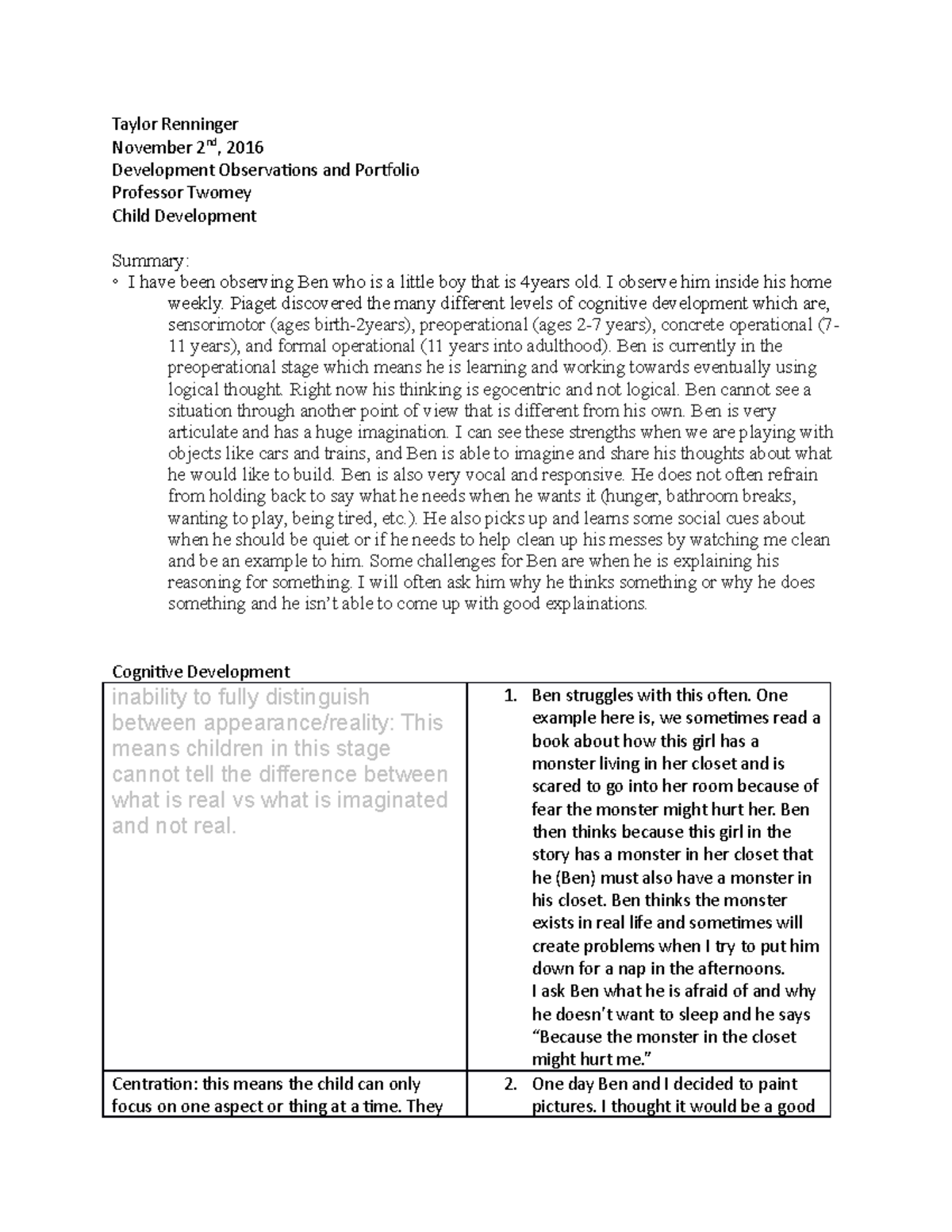Development observation 2 child dev - Taylor Renninger November 2nd ...