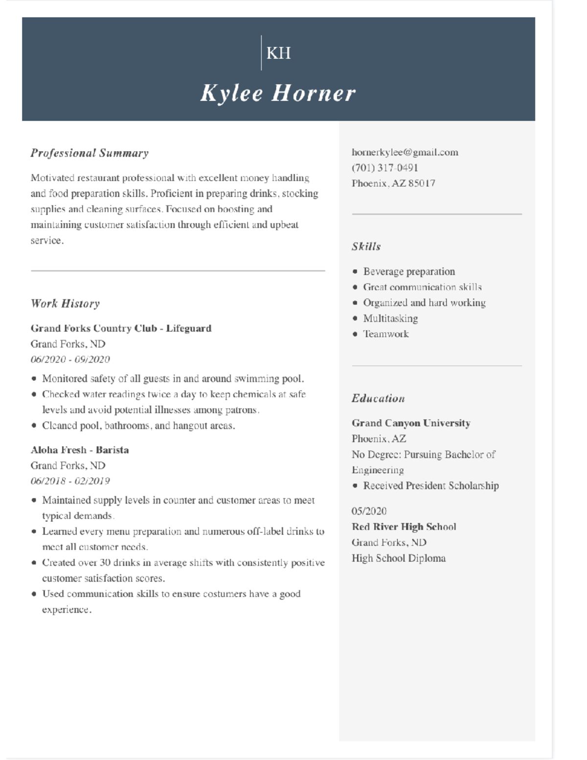 Resume, Cover Letter, Career Connections - Kylee Horner Phoenix, AZ | (701) 317-0491 | - Studocu
