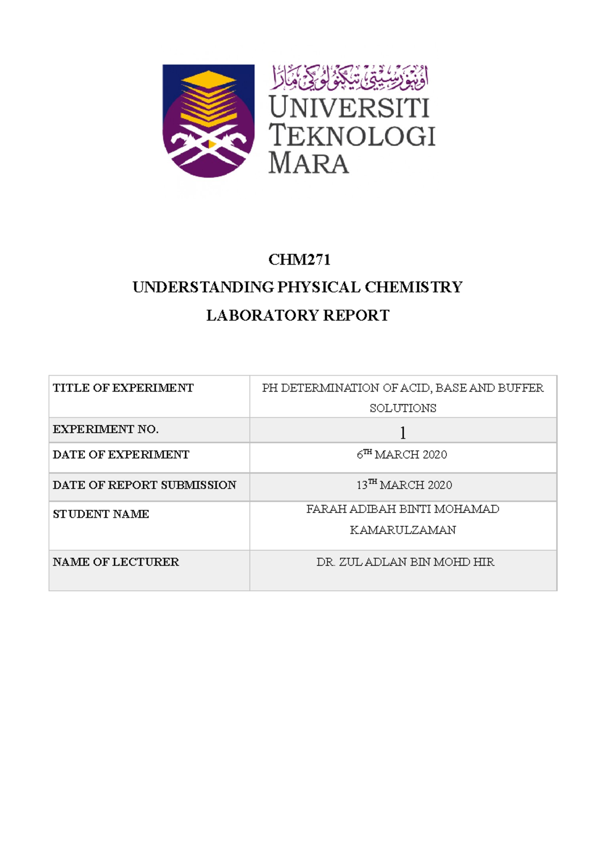 CHM271 - Lab Report 1 - pH determination of acid, base and buffer ...