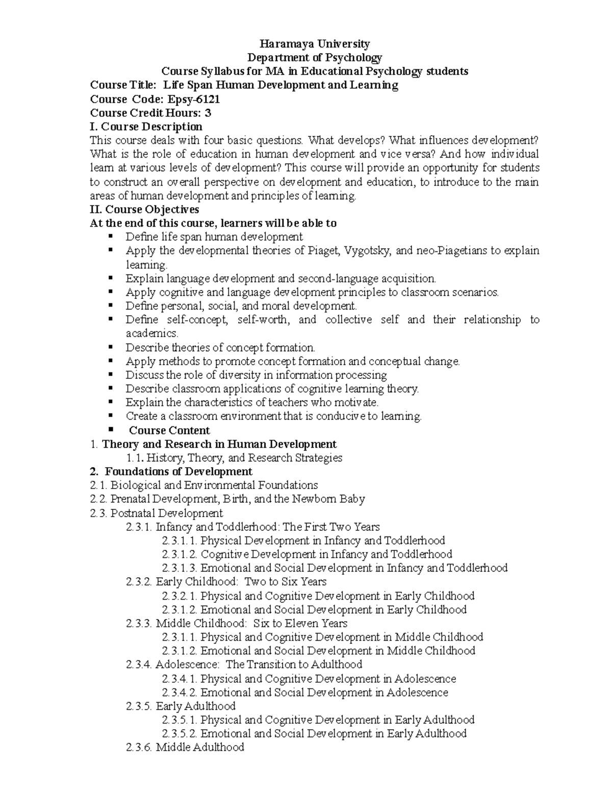 Developmental psych Course outline - Haramaya University Department of ...