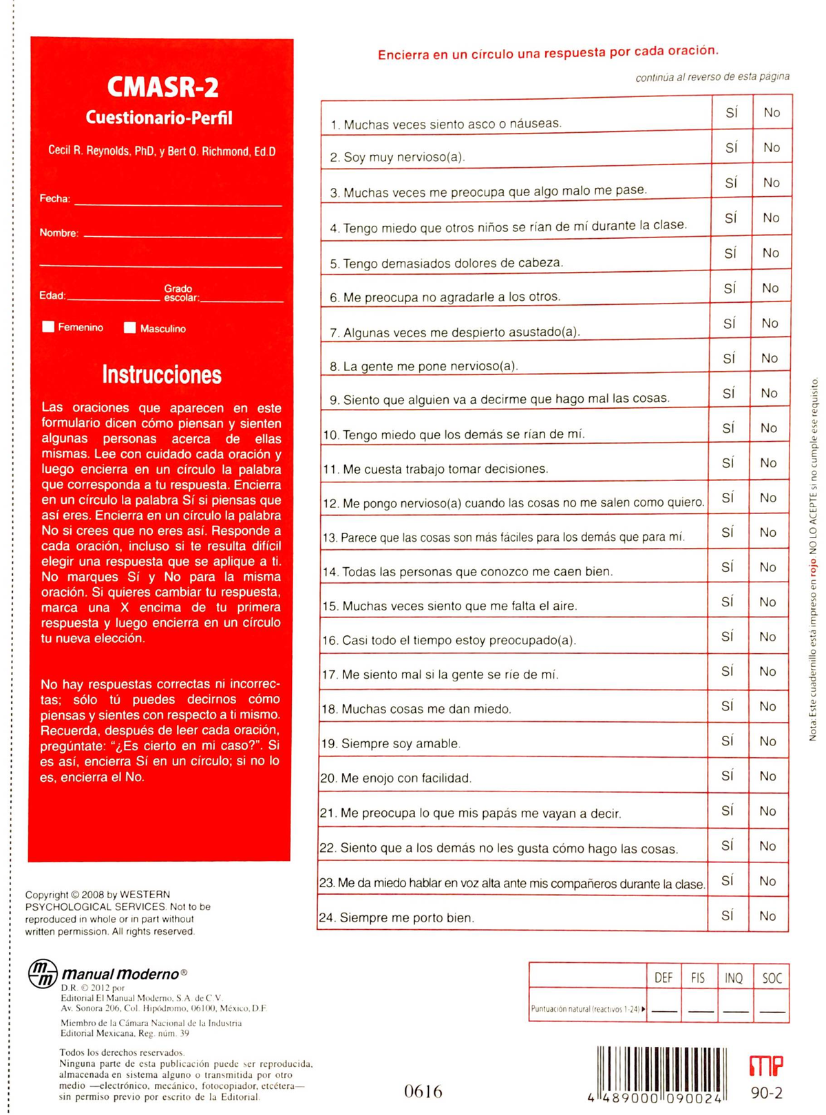Cuestionario Cmars-2 - Test psicologia - psicologia medica - Studocu