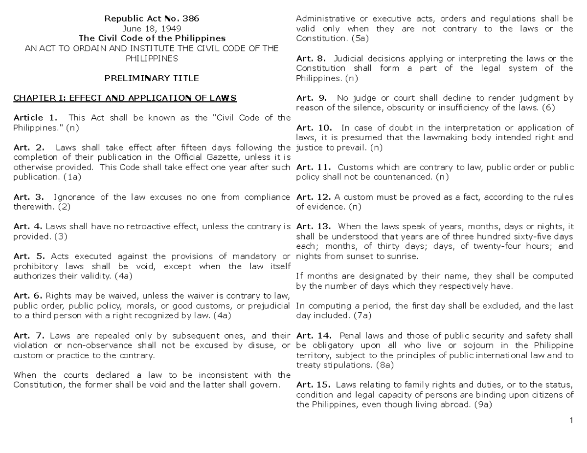 Intro TO LAW WEEK 1 Readings - Republic Act No. 386 June 18, 1949 The ...