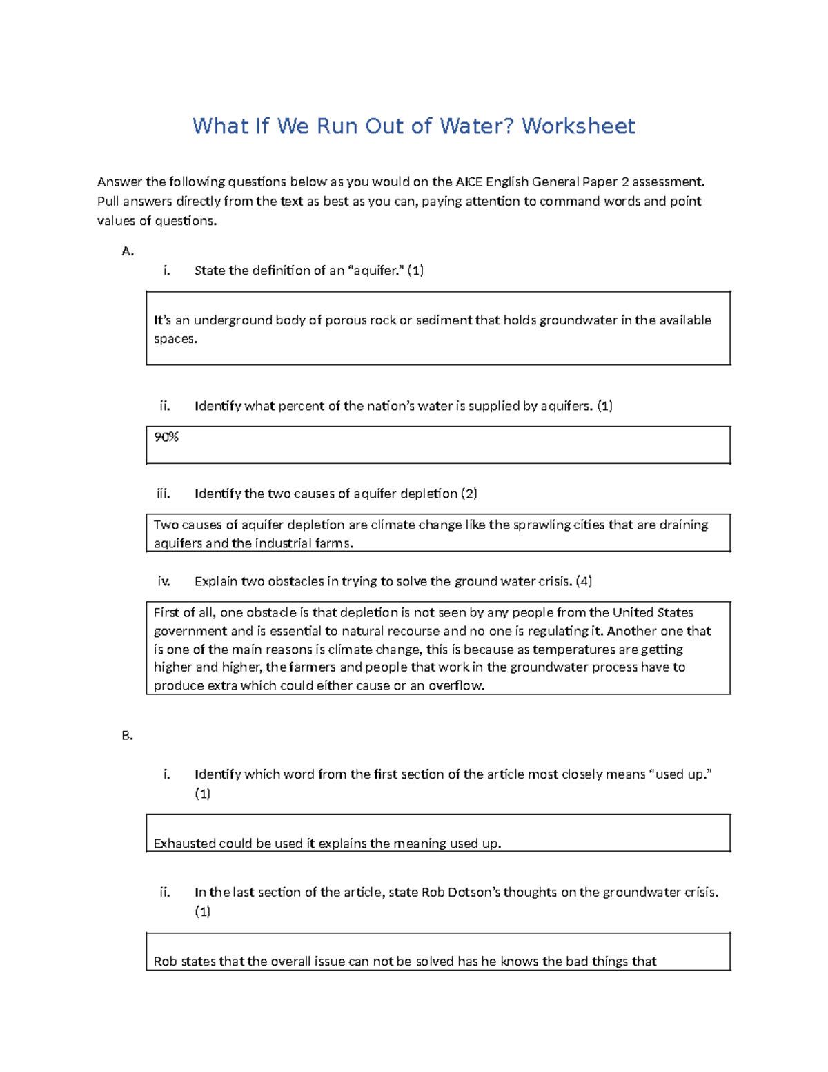 What If We Run Out of Water Worksheet - Pull answers directly from the ...