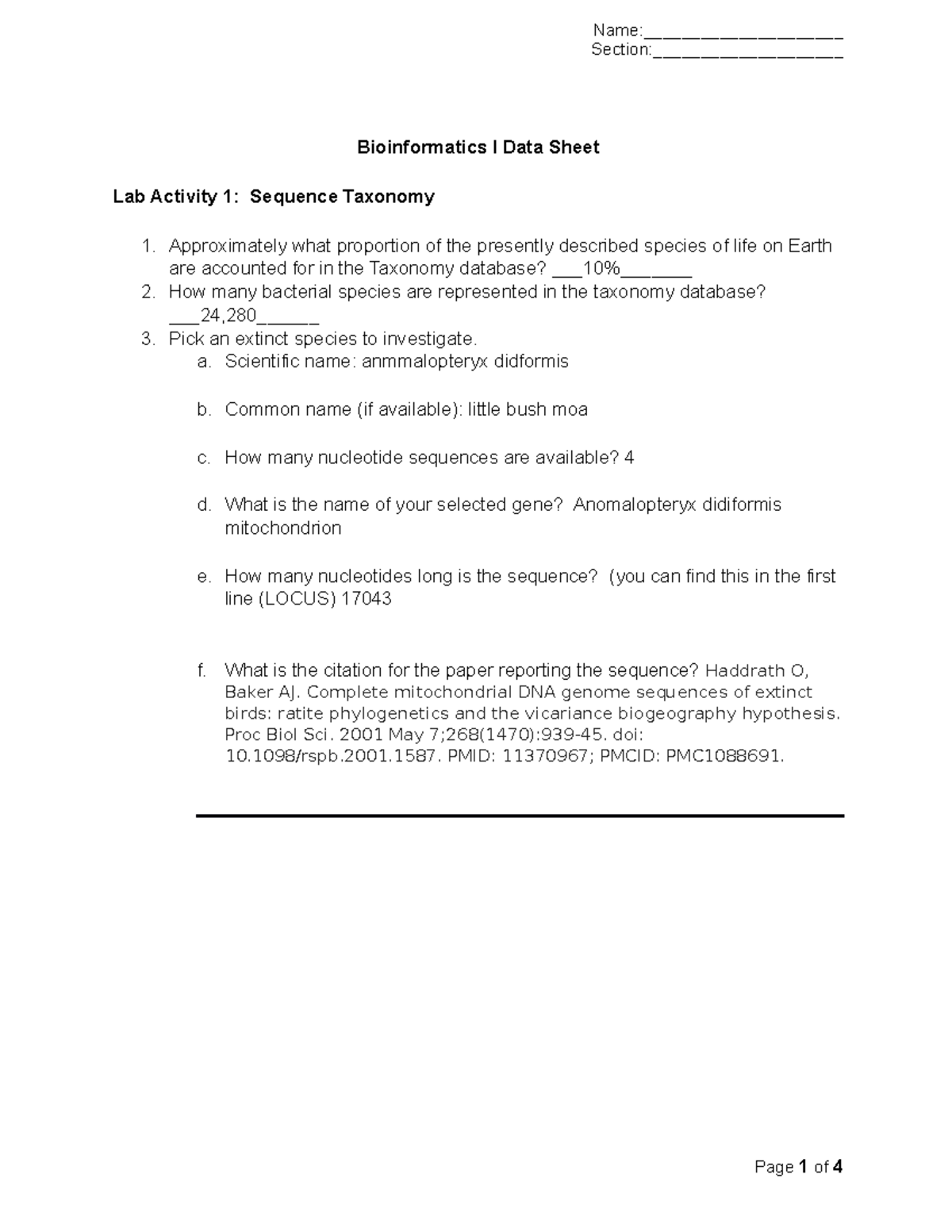 Lab 07 done - lab 07 - Section:____________________ Bioinformatics I Data Sheet Lab Activity 1 ...