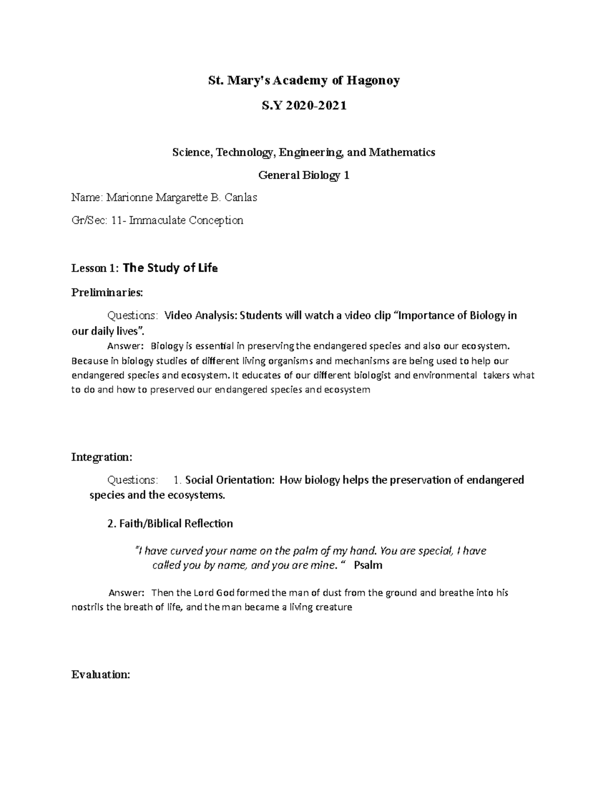 General biology format for essay questions 1 - St. Mary's Academy of ...
