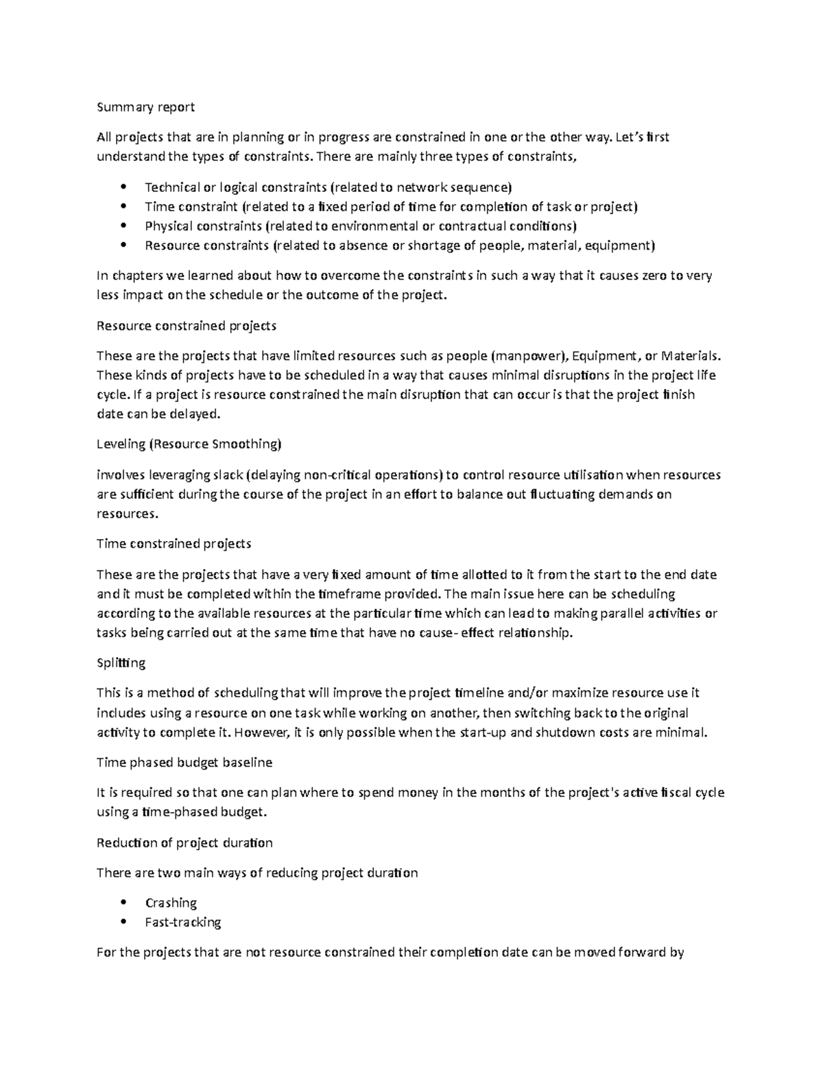 Summary report - chapters 8 to 9 - Summary report All projects that are ...