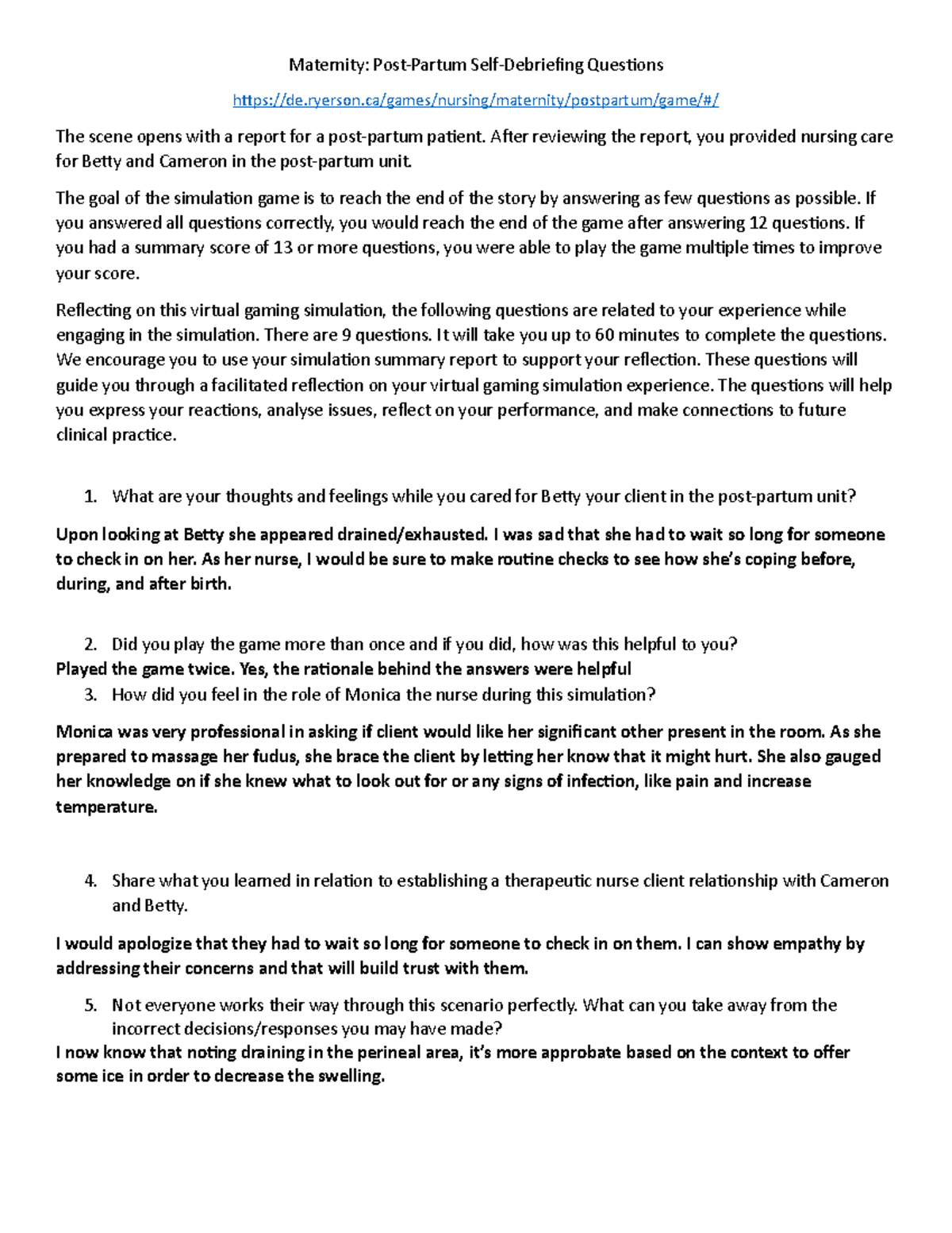 Postpartum Debriefing Questions done pdf - Maternity: Post-Partum Self ...