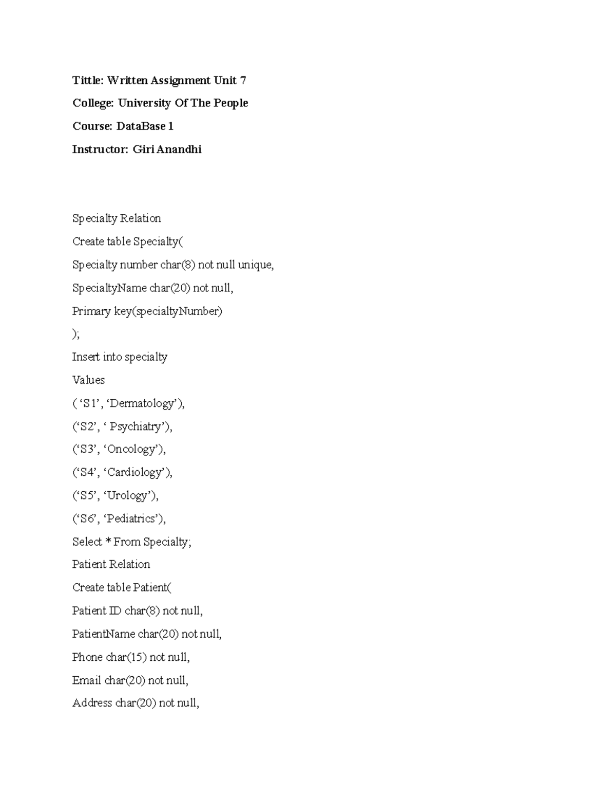 Database 1 written assignment unit 7 - Tittle: Written Assignment Unit ...