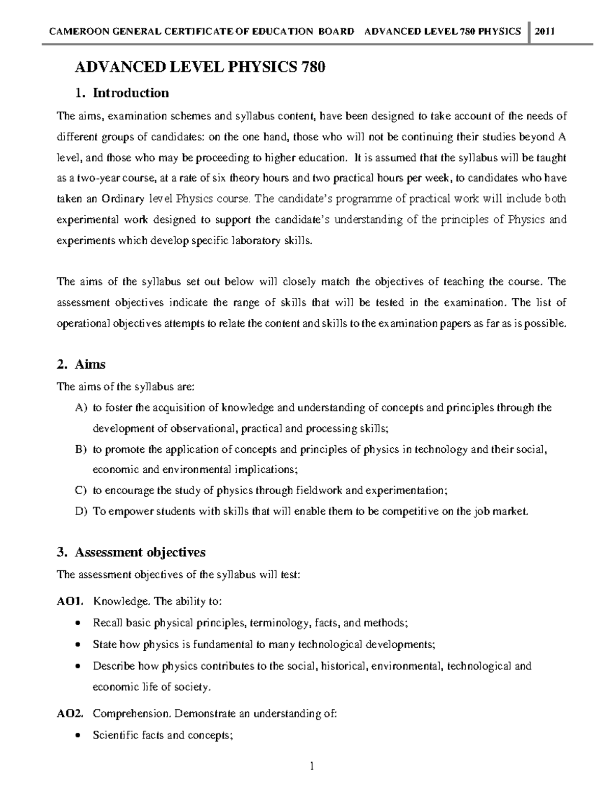 GCE AL Physics syllabus - ADVANCED LEVEL PHYSICS 780 1. Introduction ...