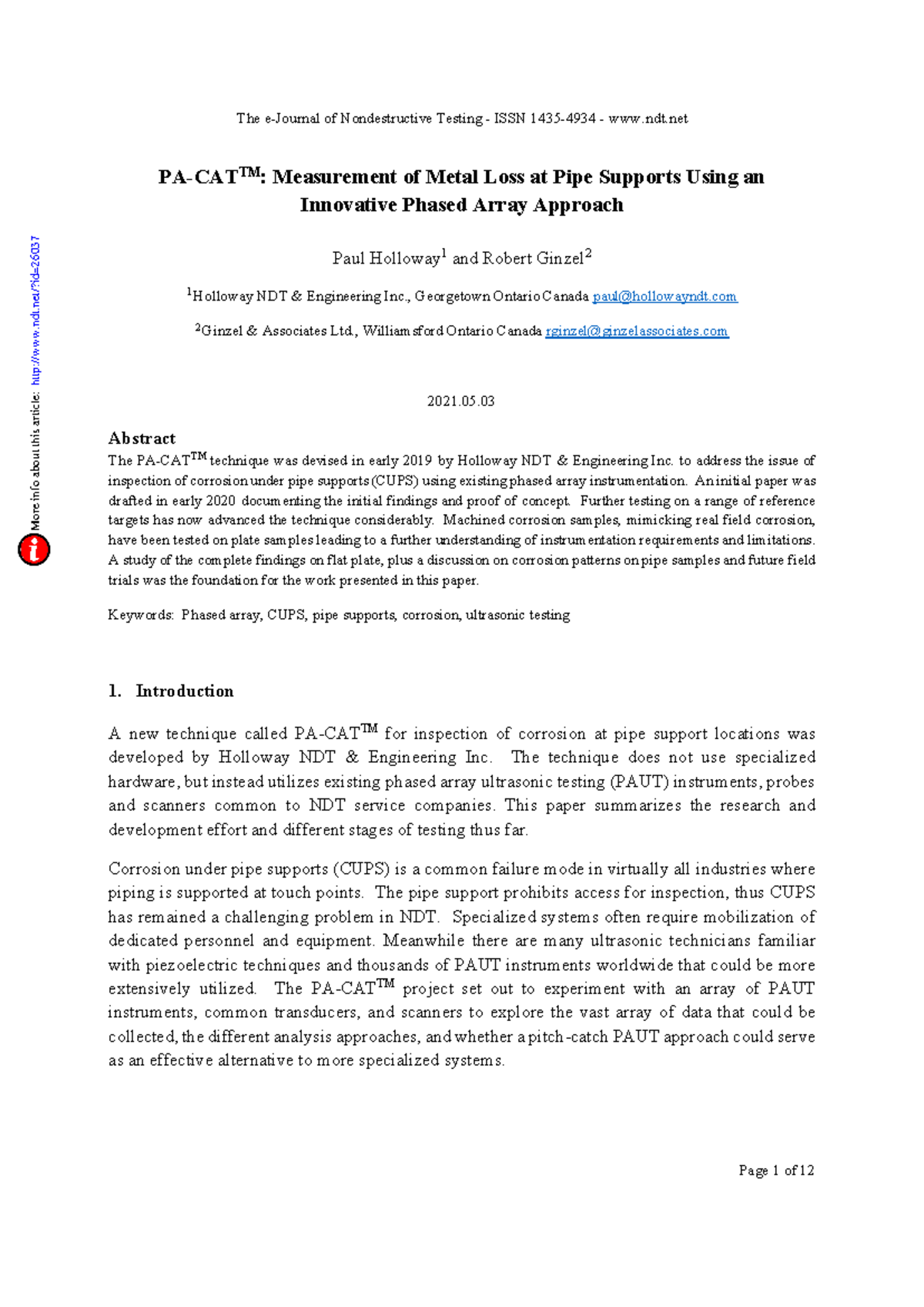 PA-CAT - Measurement of Metal Loss at Pipe Supports Using an Innovative ...