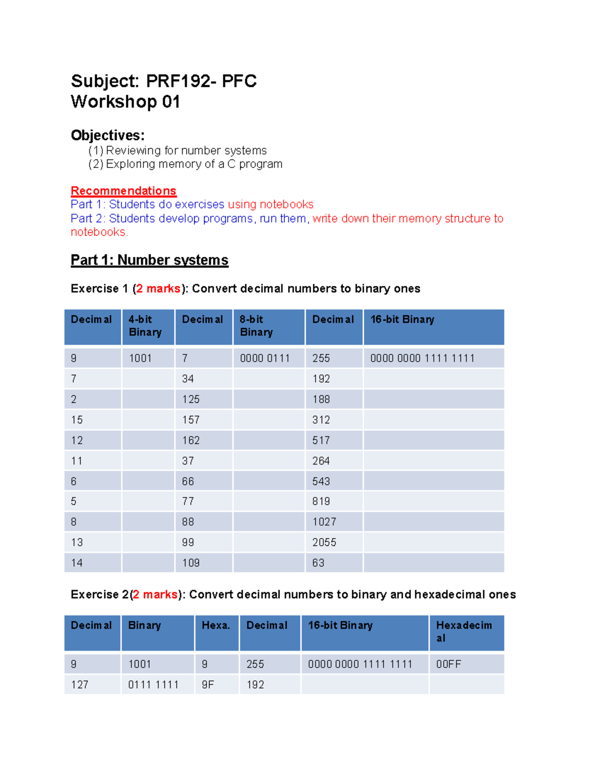 Assignment requirement for reference - Subject: PRF192- PFC Workshop 01 Objectives: (1 ...