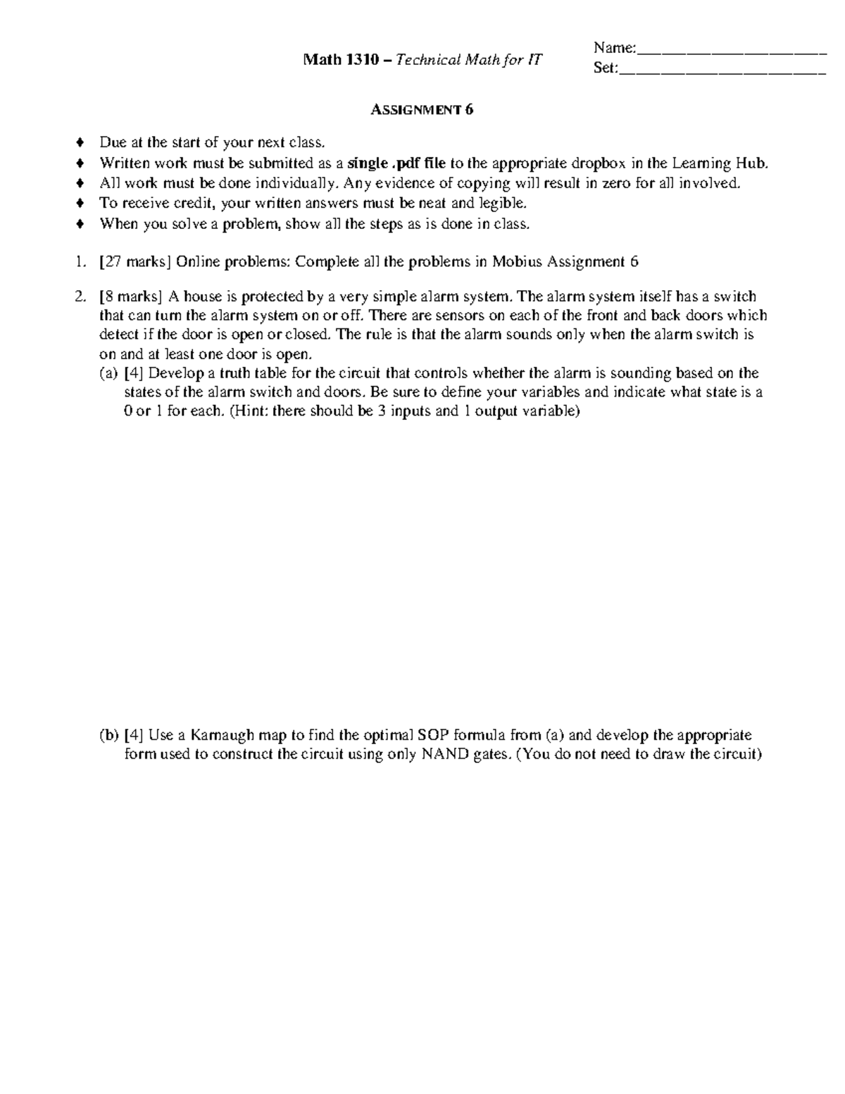 Assignment 6 - Math 1310 – Technical Math for IT ASSIGNMENT 6 Due at ...